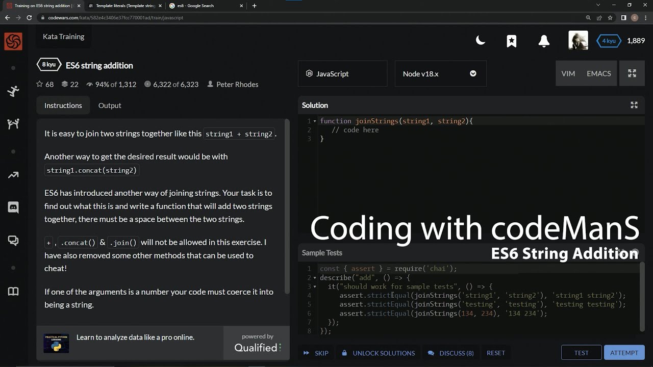 CodeWars JavaScript Solution: ES6 String Addition (8 kyu) - Master the Kata!