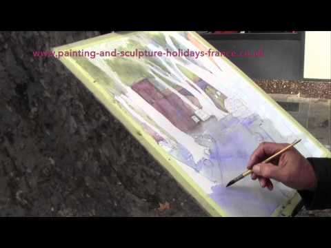 Alex Brown watercolour demo painting in Ceret in the Pyreneese