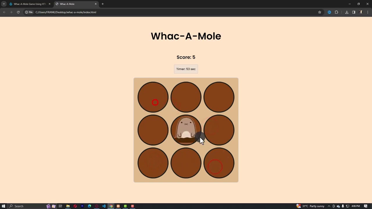 Whac-A-Mole Game Using HTML, CSS and JavaScript with Source Code