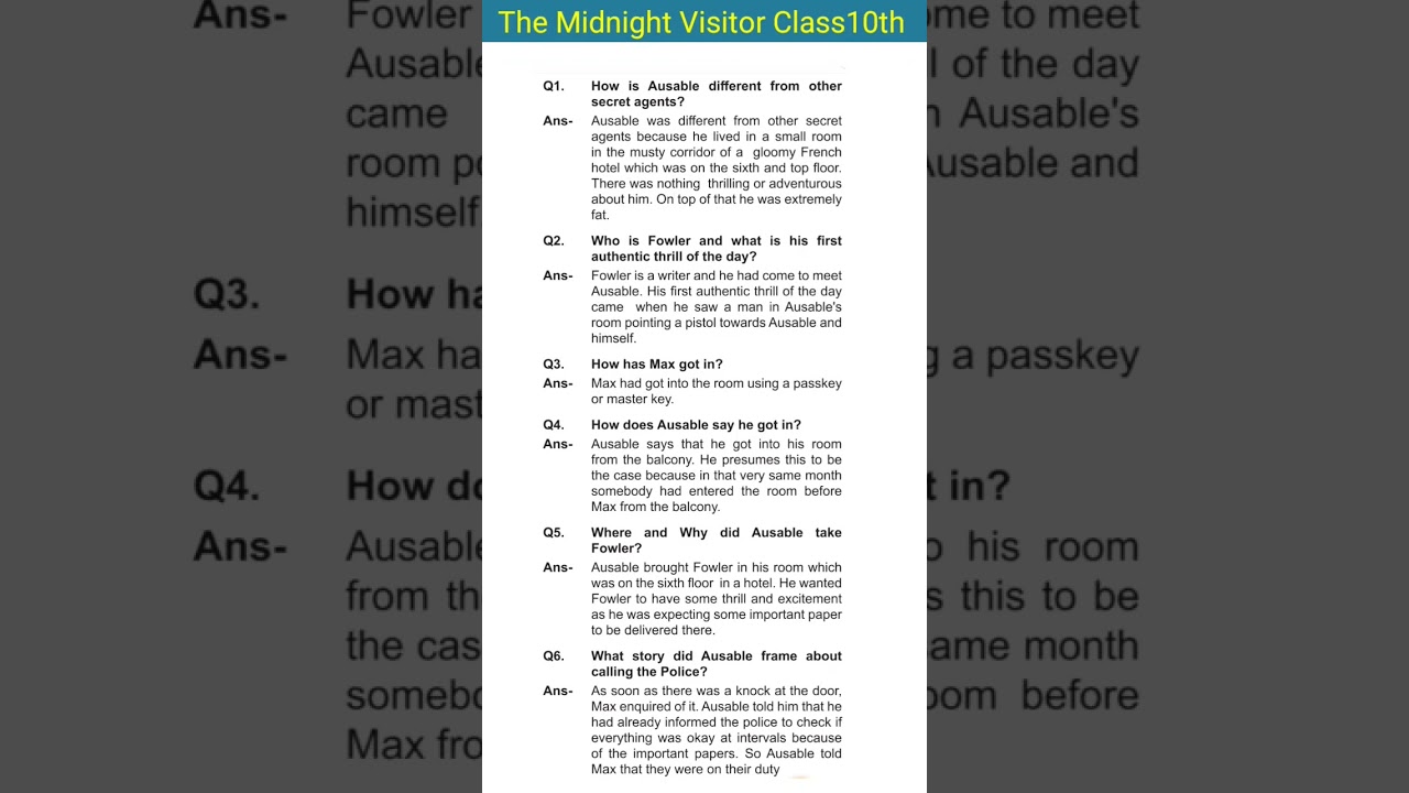 The Midnight Visitor | Question answer #Class10th English| #Short | #ytshorts