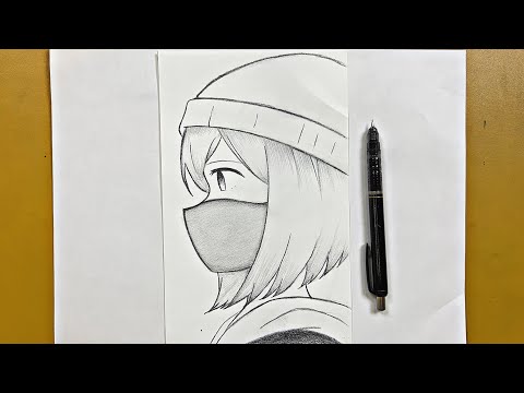 Easy Anime sketch || How to draw anime girl wearing face mask