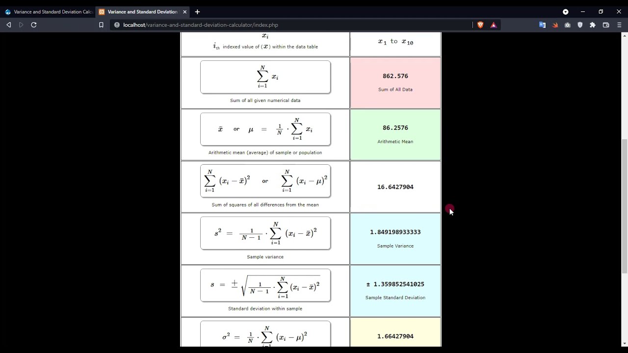 Variance and Standard Deviation Calculator in PHP DEMO