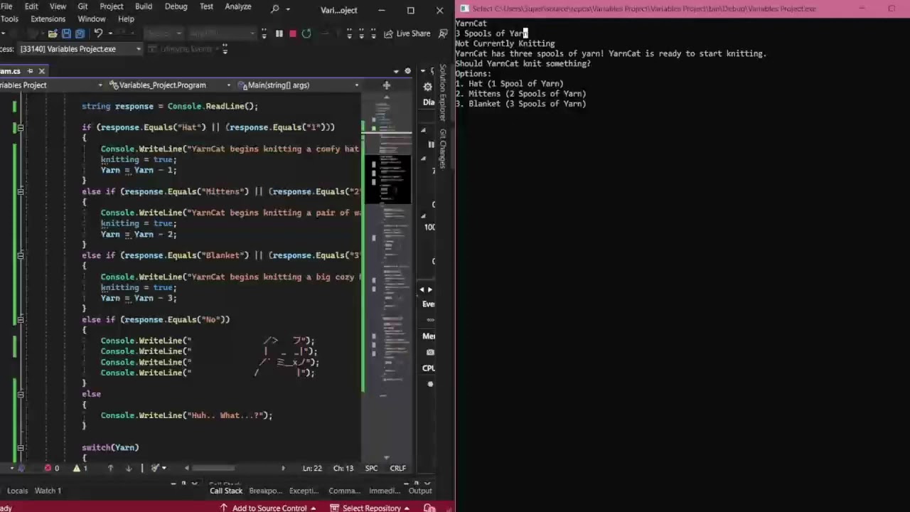 YarnCat: Variables, If Else, & Switch Statement Assignment
