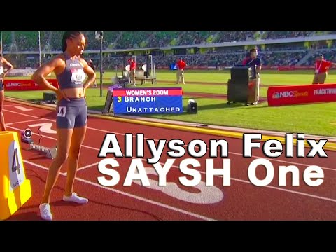 Allyson Felix wearing Her Shoe Brand, Saysh at 200m trials