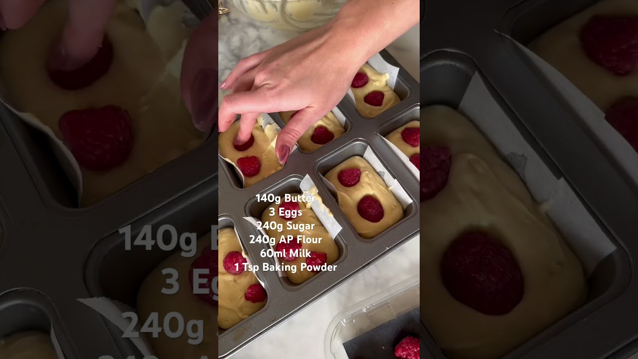 Mini Raspberry Loaf Cakes! Bake at 180c for 20 mins then top with mixed Icing Sugar & Milk!