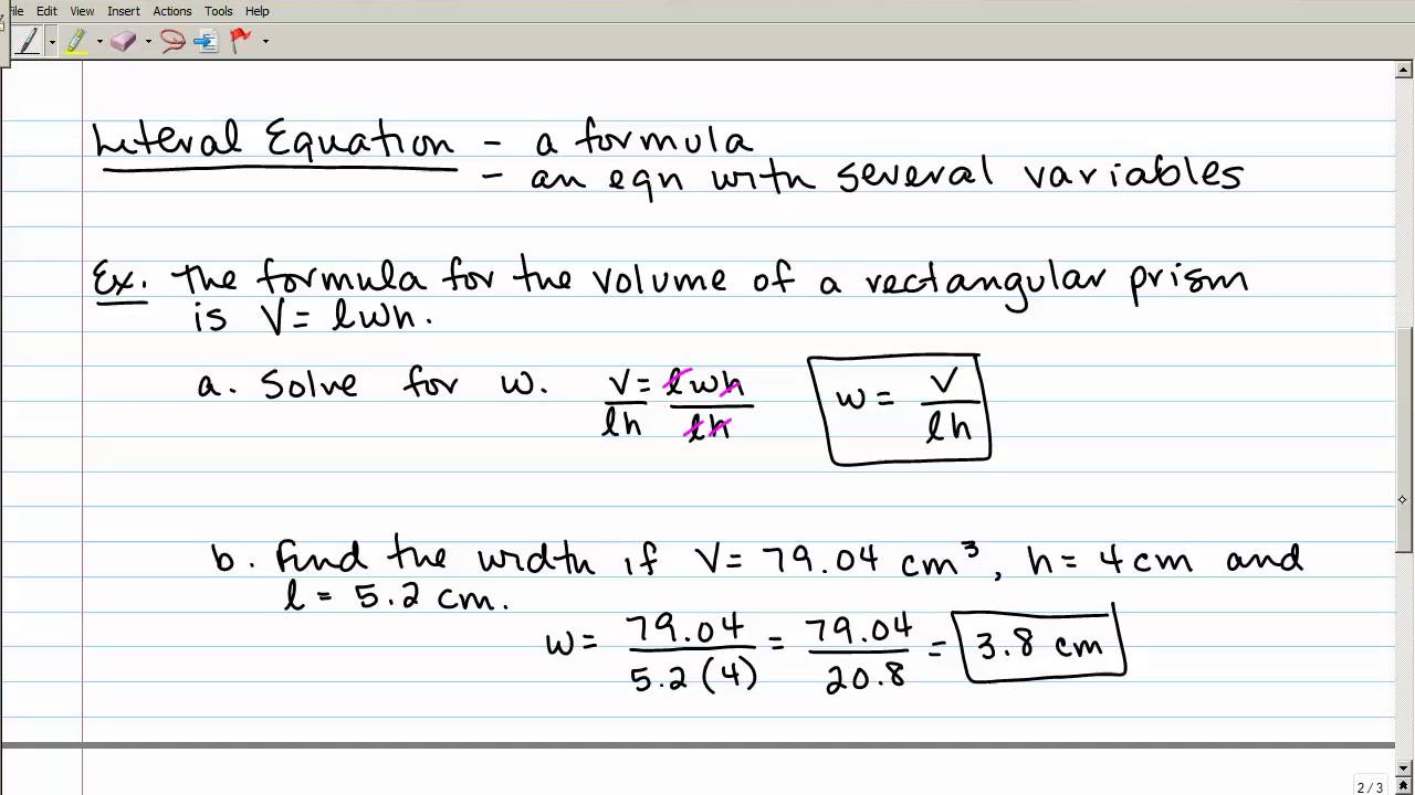 2-8 Literal Equations and Dimensional Analysis