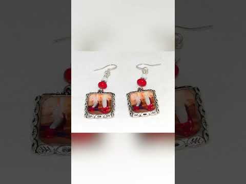 Best-seller: Wizard of Oz Vintage Alteted Art Earrings Ruby Slippers Coral & Mother of Pearl Earr...
