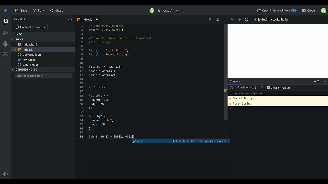 Swap the position of two elements [String/Object/Array] in Javascript