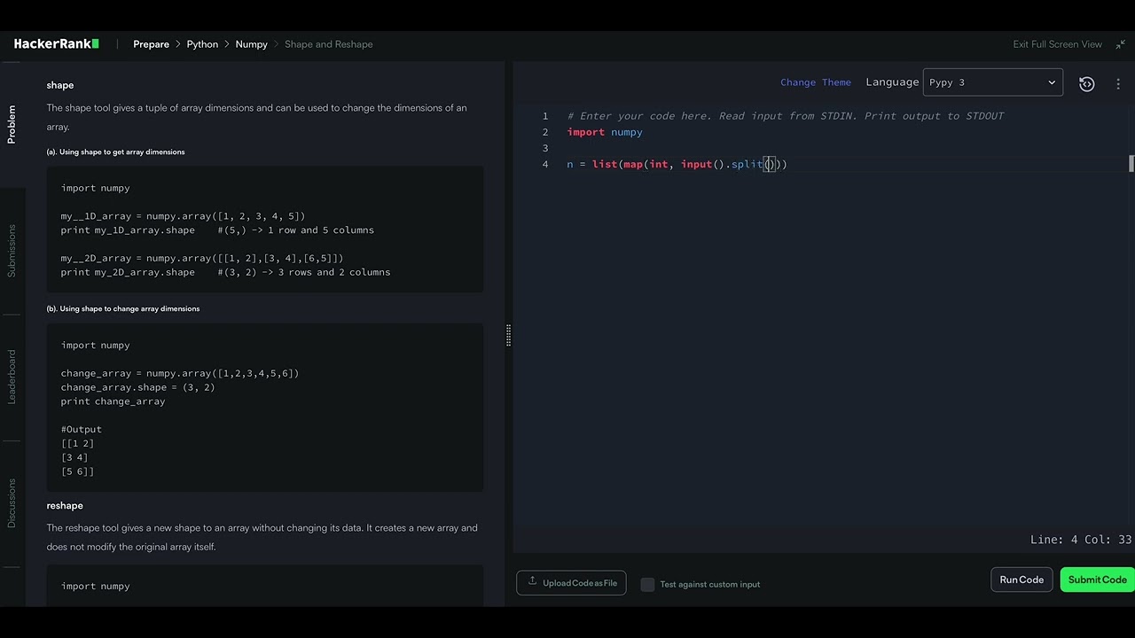 Hackerrank Python Solution  #2 Numpy - Shape and Reshape