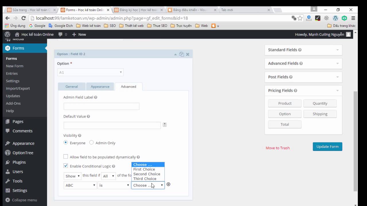 error Conditional Logic of pricing field, Not Show Form
