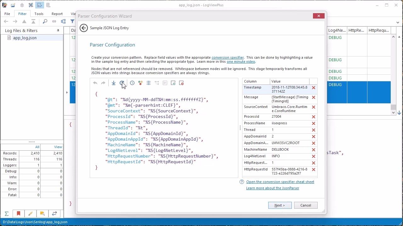 Viewing JSON log files in LogViewPlus