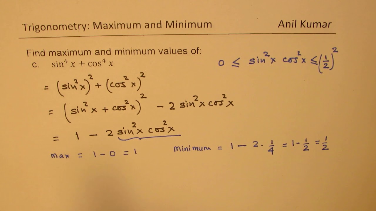 Maximum and Minimum Value of Trigonometric Functions sin^6⁡x+cos^6⁡x Extreme Value