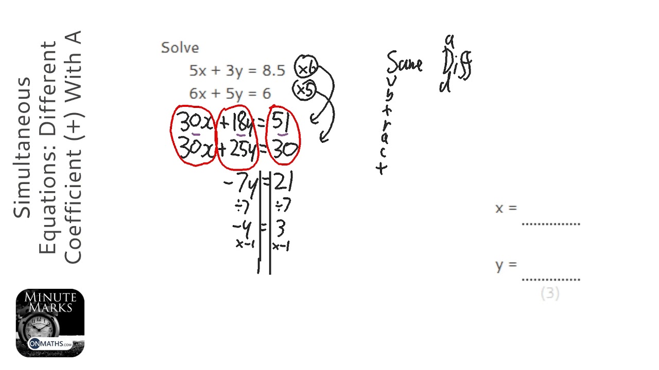 Simultaneous Equations: Different Coefficient (+) With A Negative and Decimal Answer (Grade 6)
