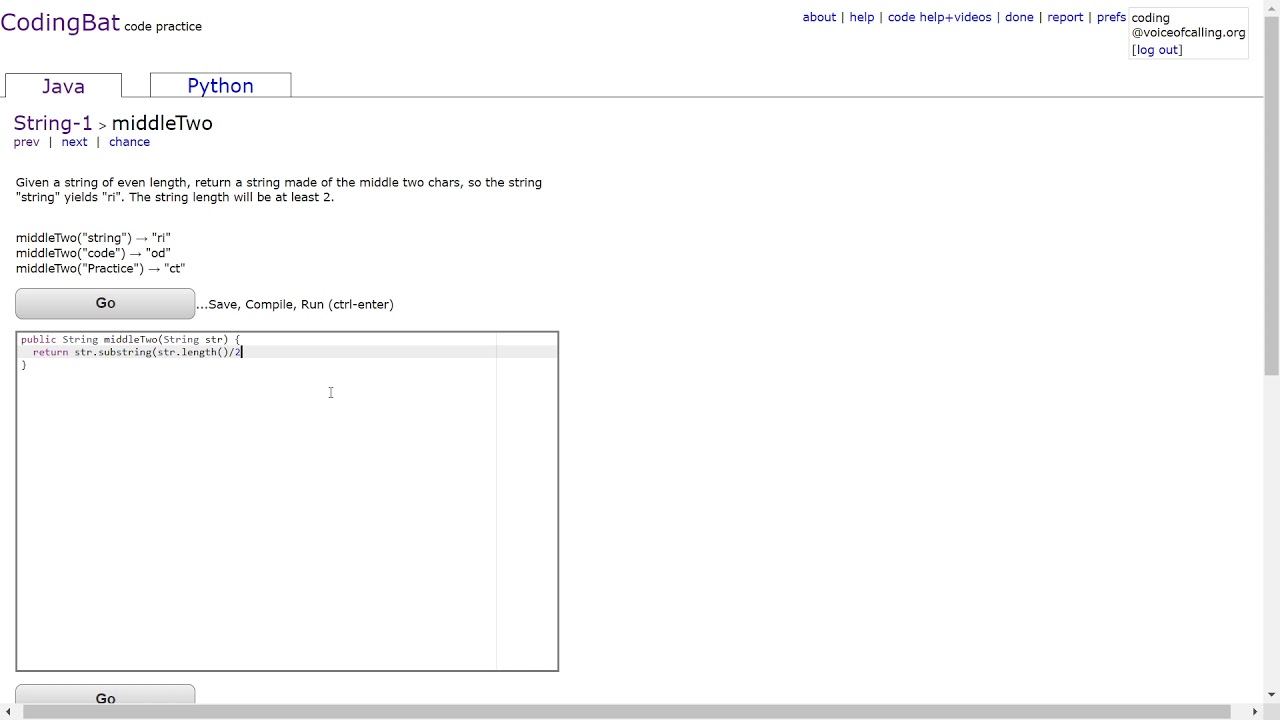 String 1 (middleTwo) Java Tutorial || Codingbat.com
