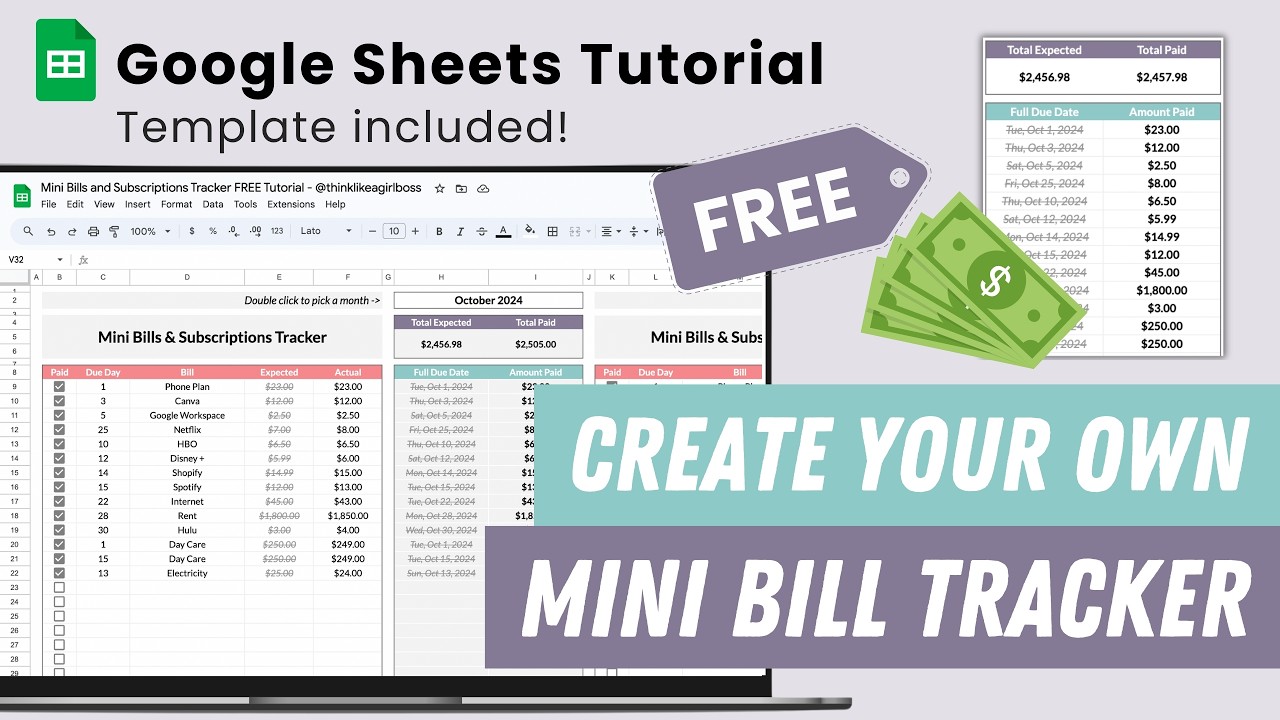 How to Create a Bills & Subscriptions Tracker - FREE Tutorial - Google Sheets Template - Spreadsheet