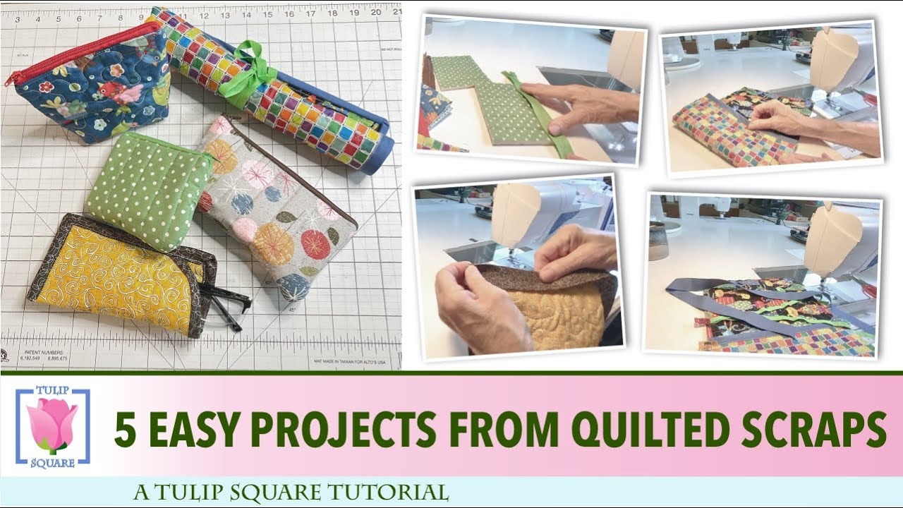 5 Easy Projects for Quilted Scraps - a Tulip Square sewing tutorial - glass case, makeup bag, rollup