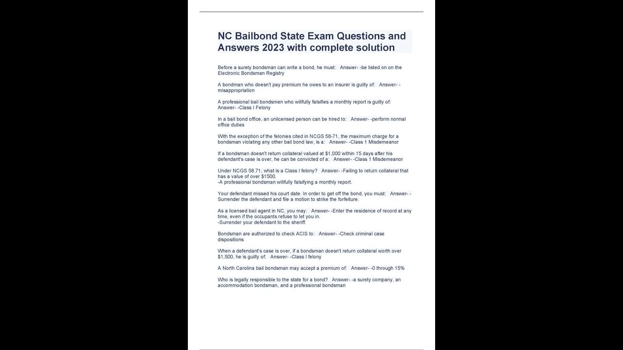 NC Bailbond State Exam Questions and Answers 2023 with complete solution