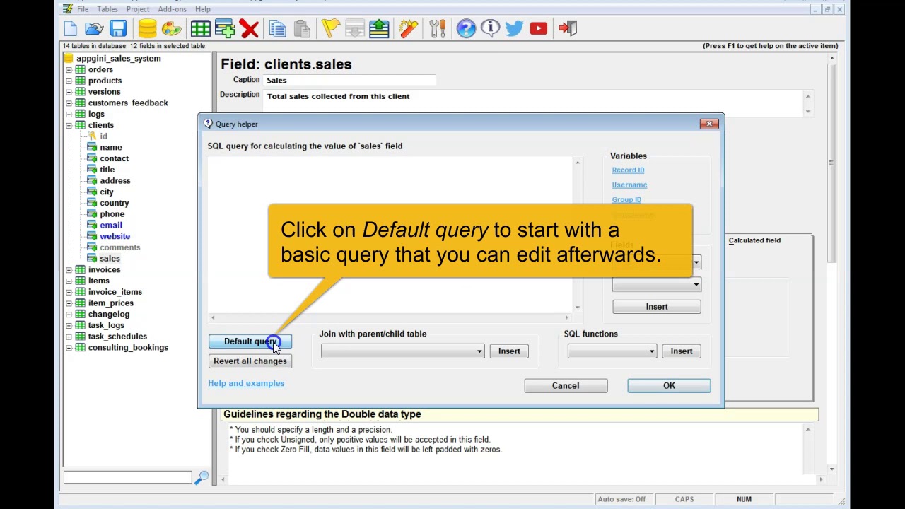 Configuring a calculated field in AppGini using the Query helper