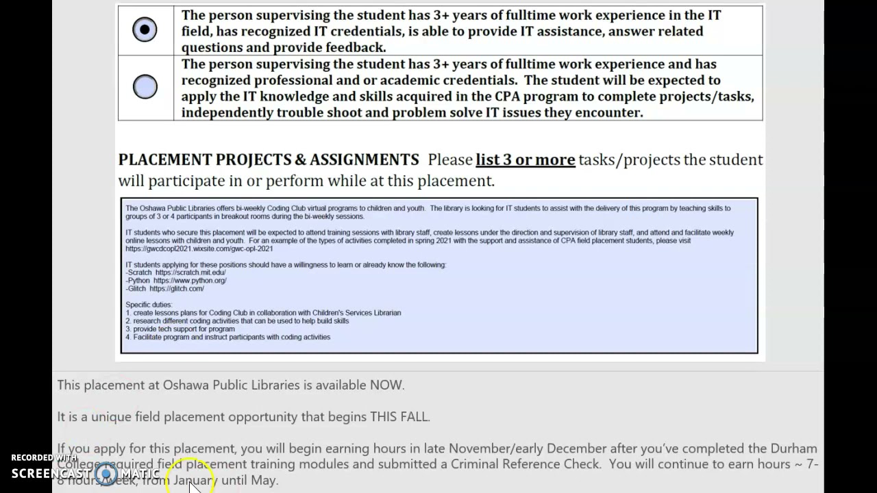 Oshawa Public Libraries CPA field placement