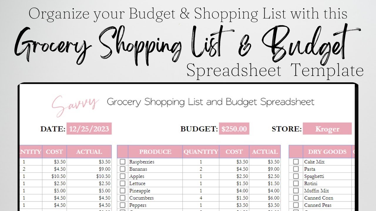 Grocery Shopping List Excel Spreadsheet, Grocery Shopping List Google Sheets Grocery Budget Template