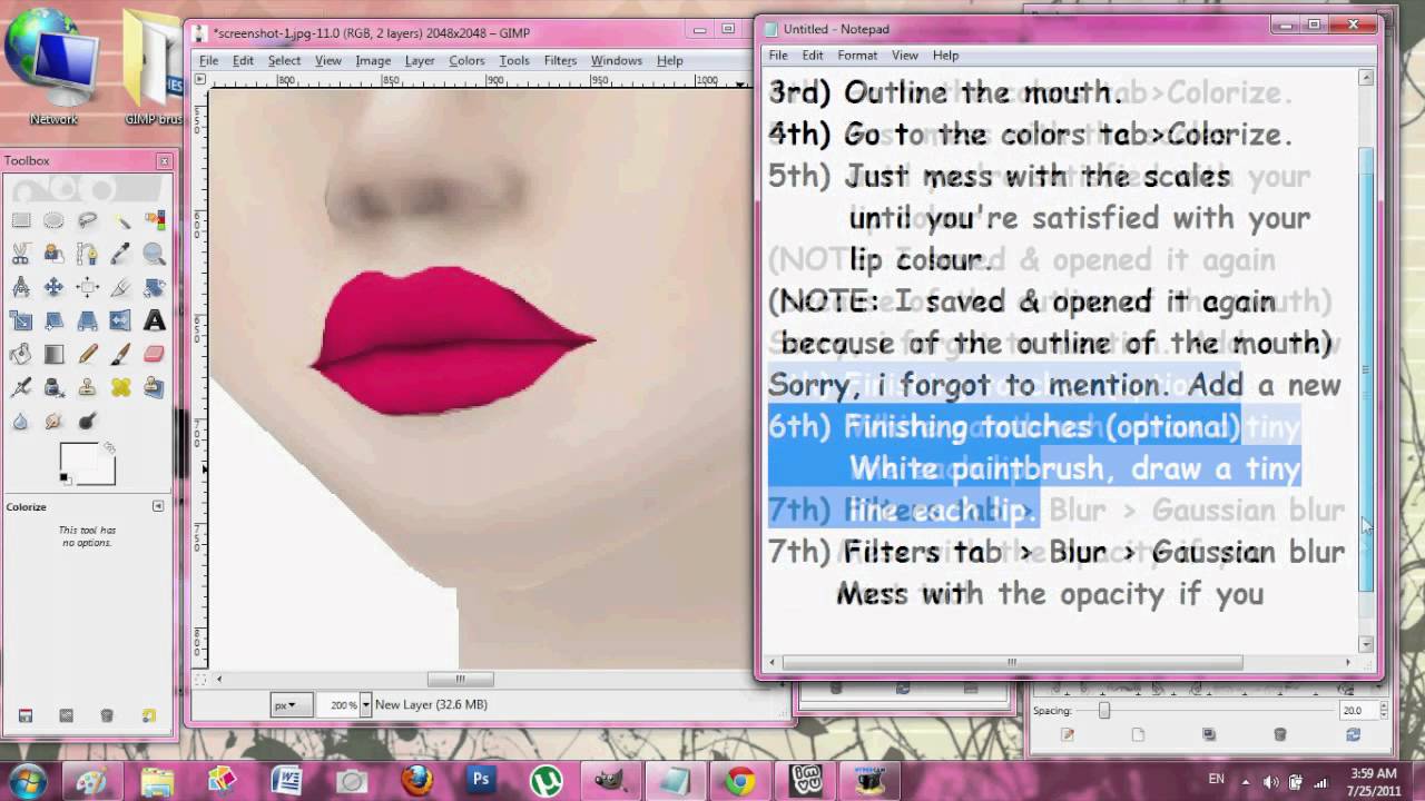 IMVU GIMP Tutorial - Colorizing Lips.