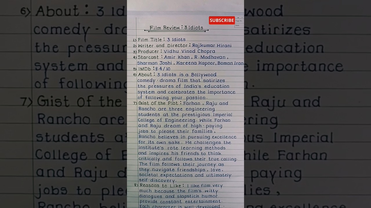 3 Idiots film review 2024| film review writing class 12th in english| #shorts #3iditos #filmreview