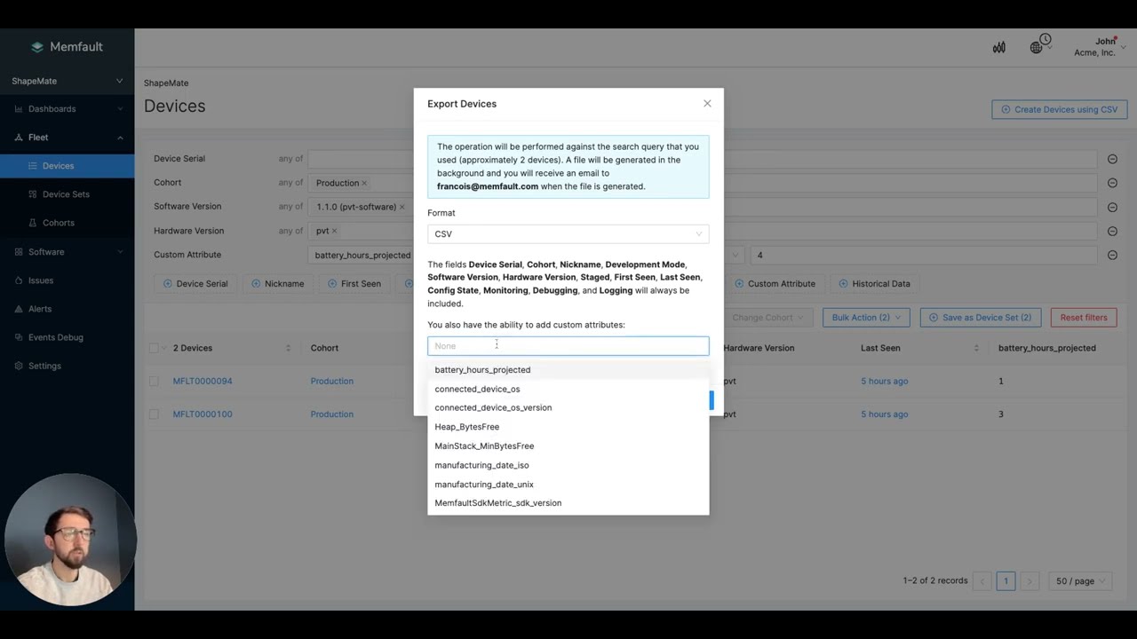 Device List CSV Export || Memfault Feature Highlights