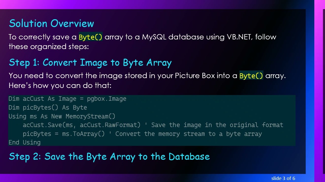 How to Save a Byte() Array to MySQL Database Using VB.NET