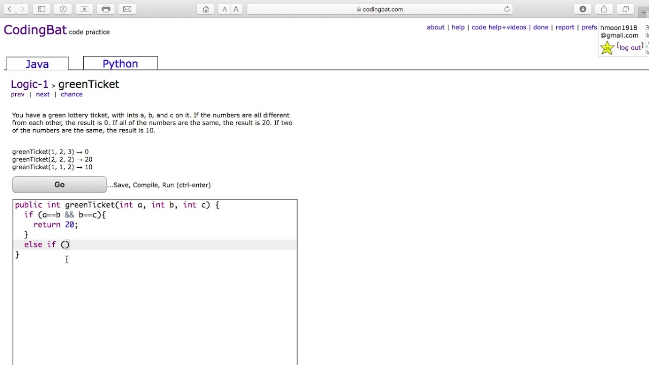 Logic 1 greenTicket Java Tutorial || codingbat com