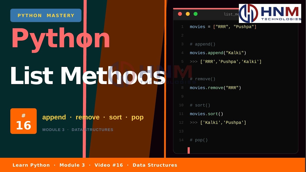 Python List Methods Tutorial | append(), insert(), remove(), pop() | HNM Technologies