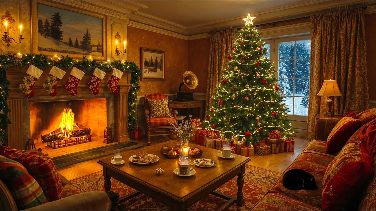 Soothing Christmas Music, Snowfall and Crackling Fireplace at the Vintage Cabin on Christmas Eve