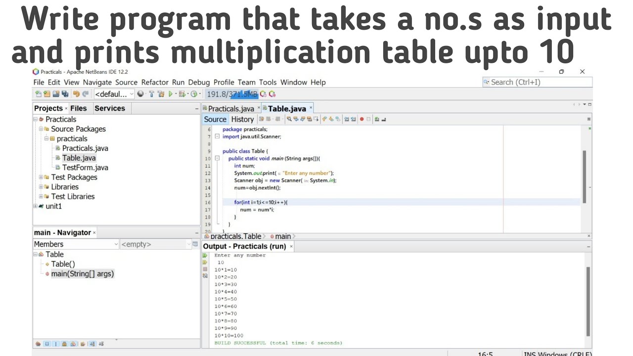 Write a Java program that takes a number as input and prints its multiplication table upto 10 | Java