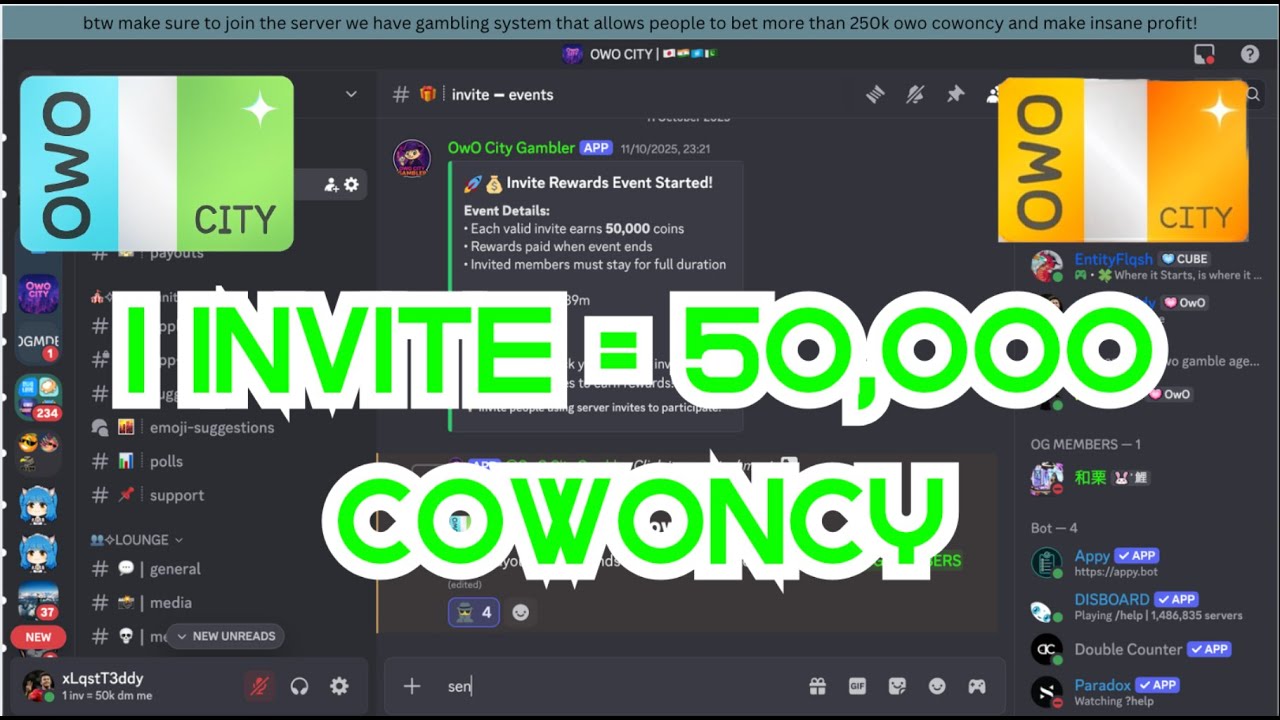 Insane invite event | owo method | 1 inv = 50k