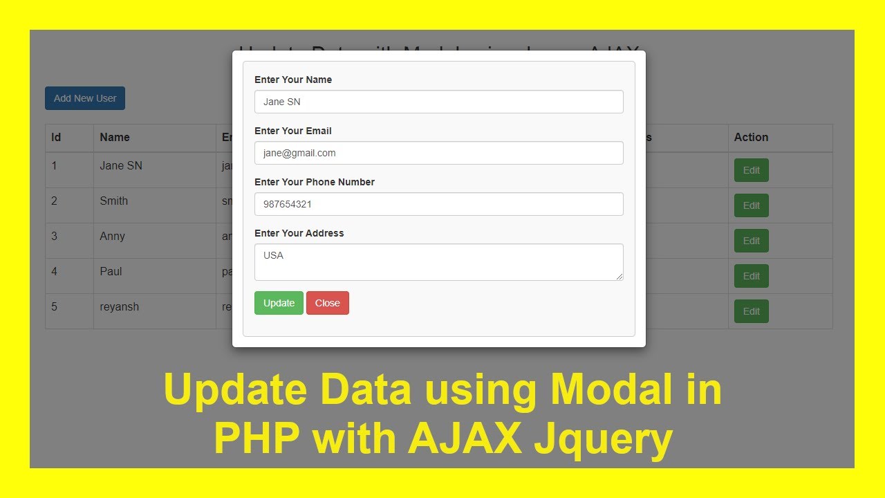 Update Data using Bootstrap Modal in PHP with AJAX Jquery with Source Code