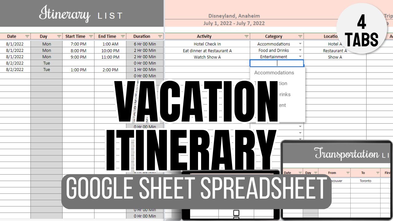 Vacation Itinerary Spreadsheet (Google Sheets)