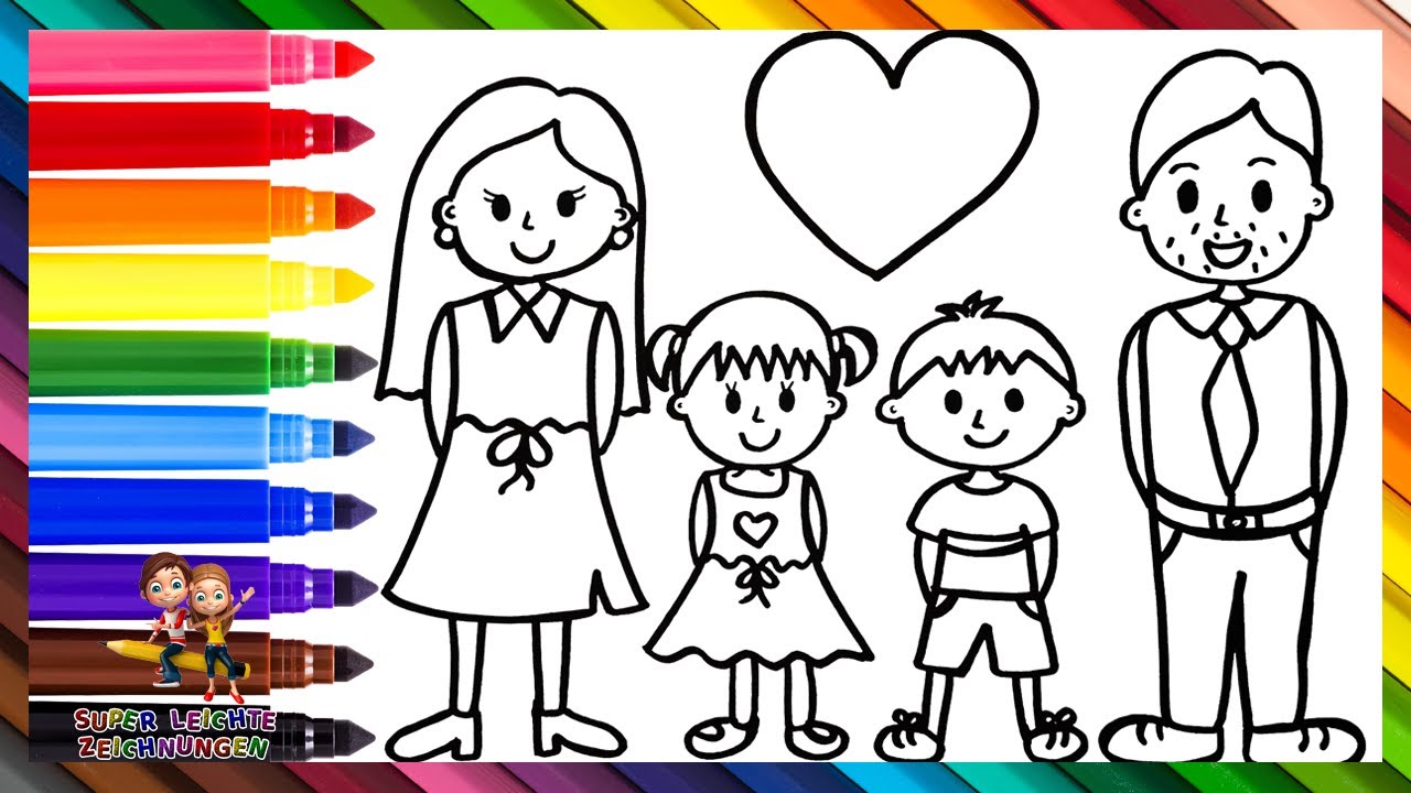 Zeichnen und Ausmalen einer Familie 👩👨👧👦🌈 Zeichnungen für Kinder