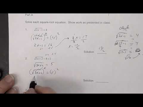 Key Worksheet - Solving Square root equations - one step - Lead to linear equtions. Part A