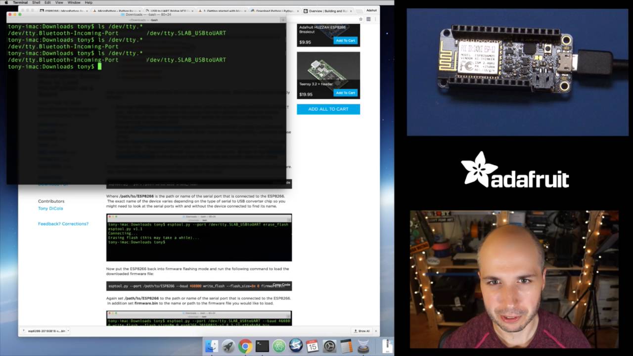 How to load MicroPython on the Feather HUZZAH ESP8266 with Tony D! @micropython #LIVE