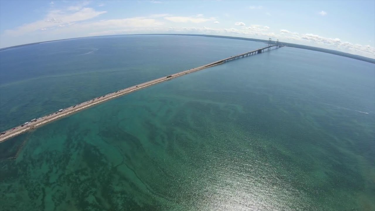 Amazing drone view at the Mackinac bridge - 4K