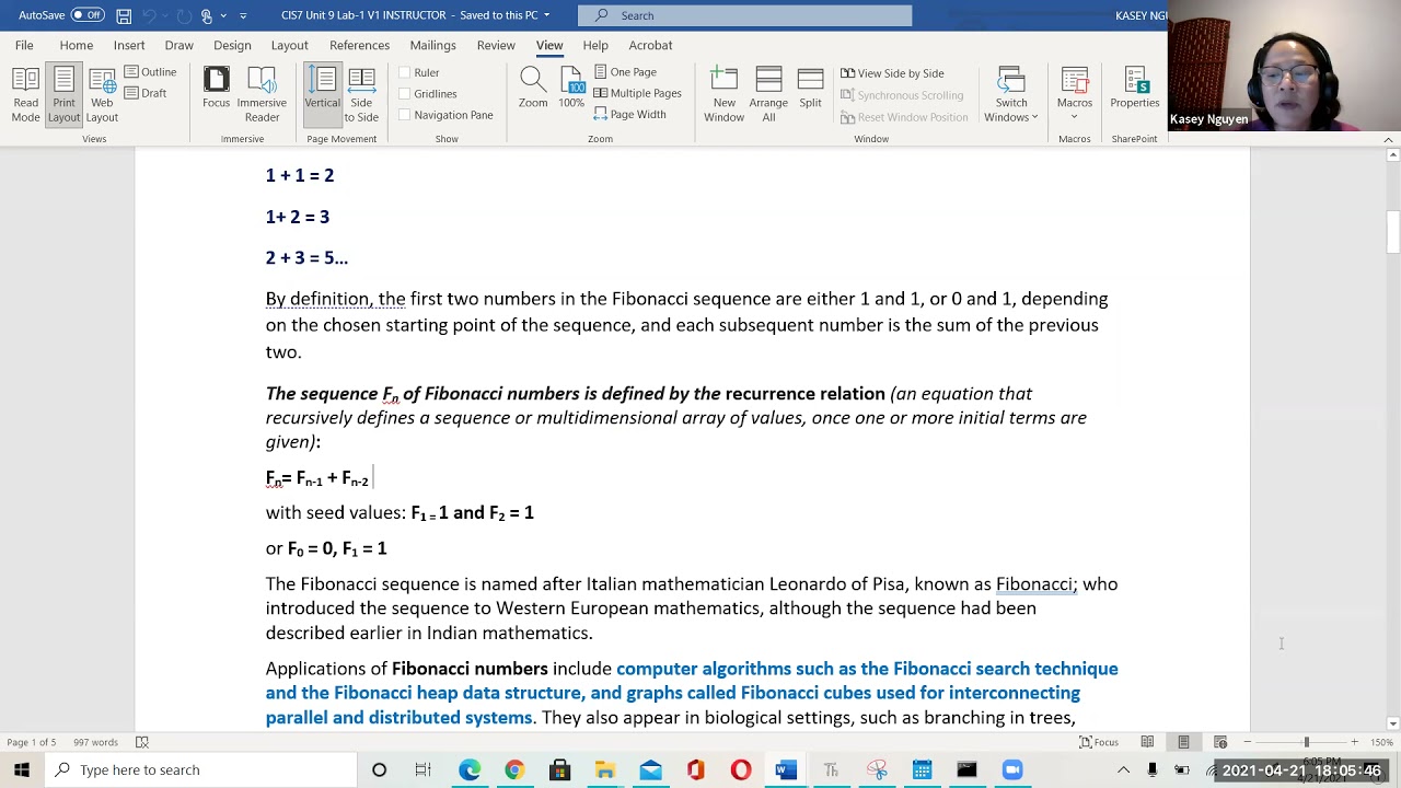 CIS7 Lab 9: Fibonacci, recursion, space optimization, dynamic iterative approach in C++