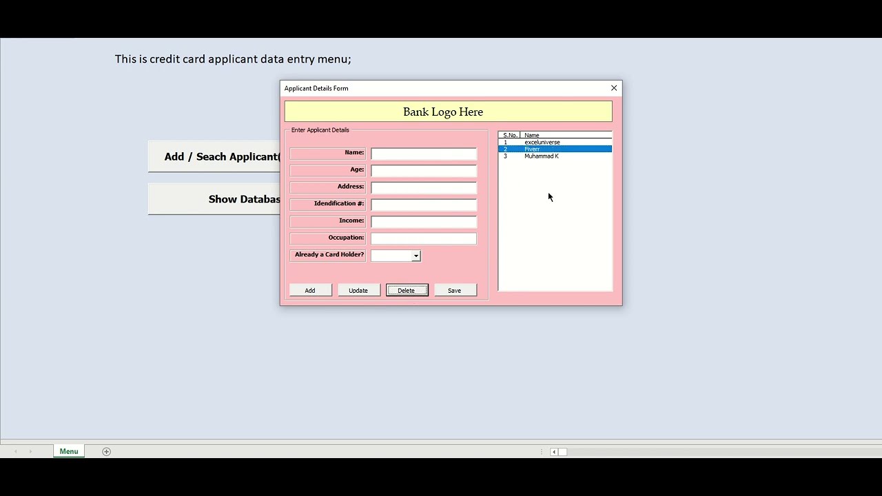Demo of Credit Card Applicant Entry form MS Excel