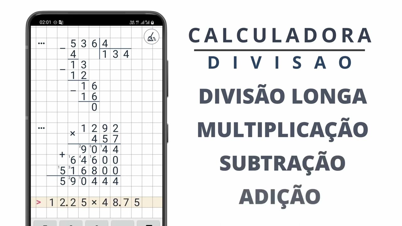 Calculadora divisão. Divisão longa com resto e divisão com vírgula.