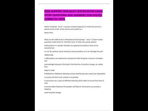 PEER SUPPORT SPECIALIST CERTIFICATION EXAM STUDY QUESTIONS AND ANSWERS 2024 SOLVED CORRECTLY 100%