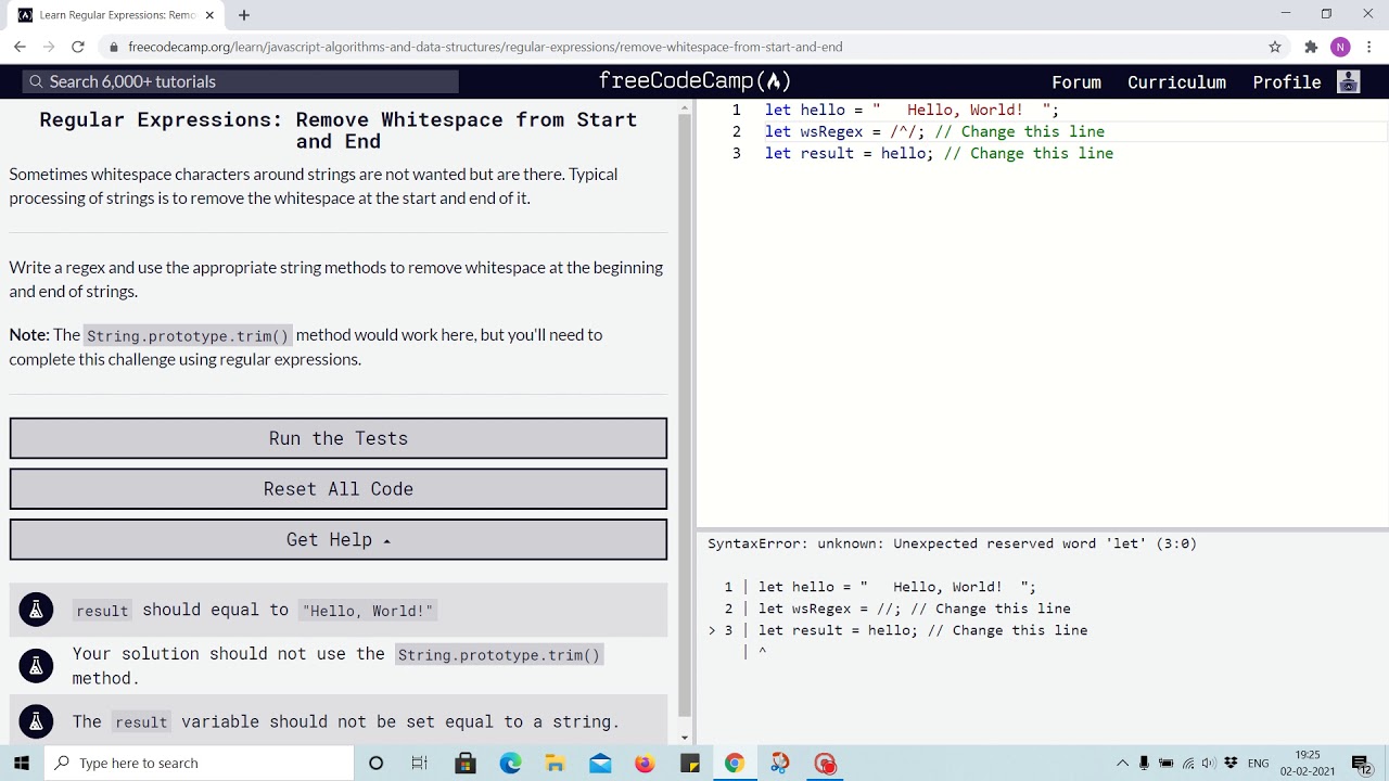 Tutorial 33 - Remove whitespace from start and end of string using regex - freecodecamp