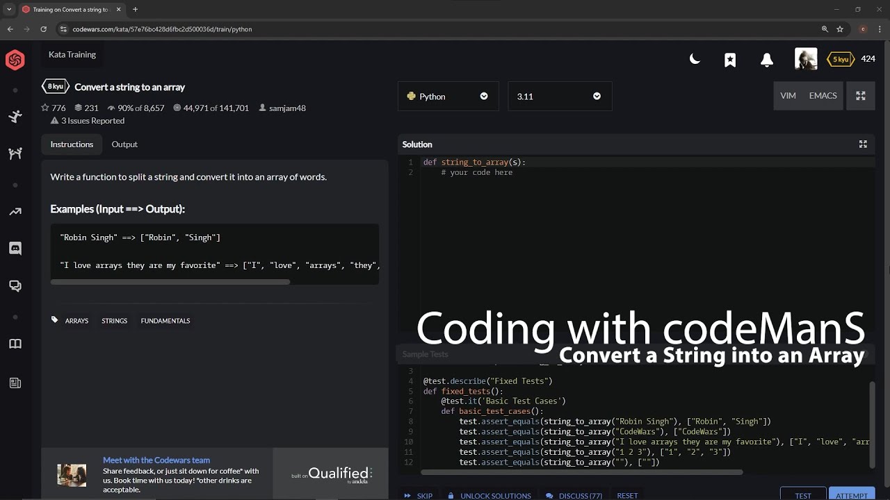 Codewars: Python | 8 kyu | Convert a String into an Array