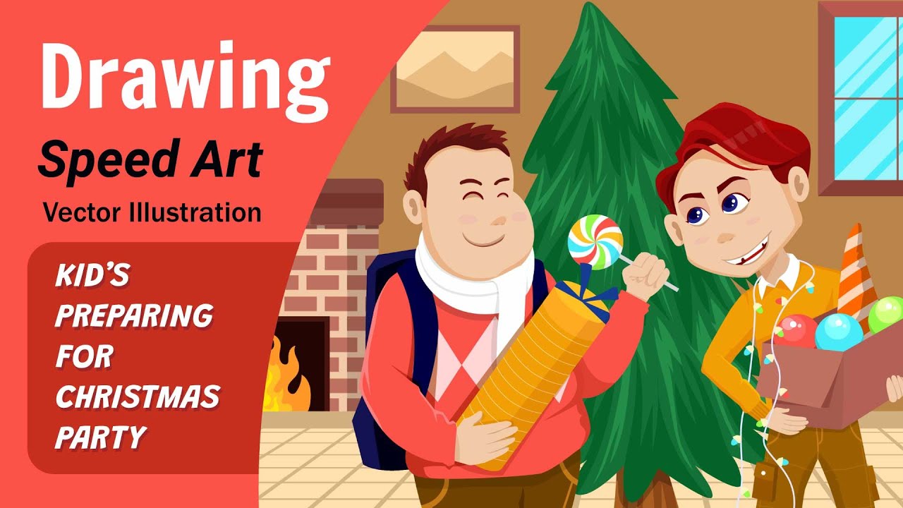Kids Preparing for Christmas Party - Speed Art Drawing vector illustration