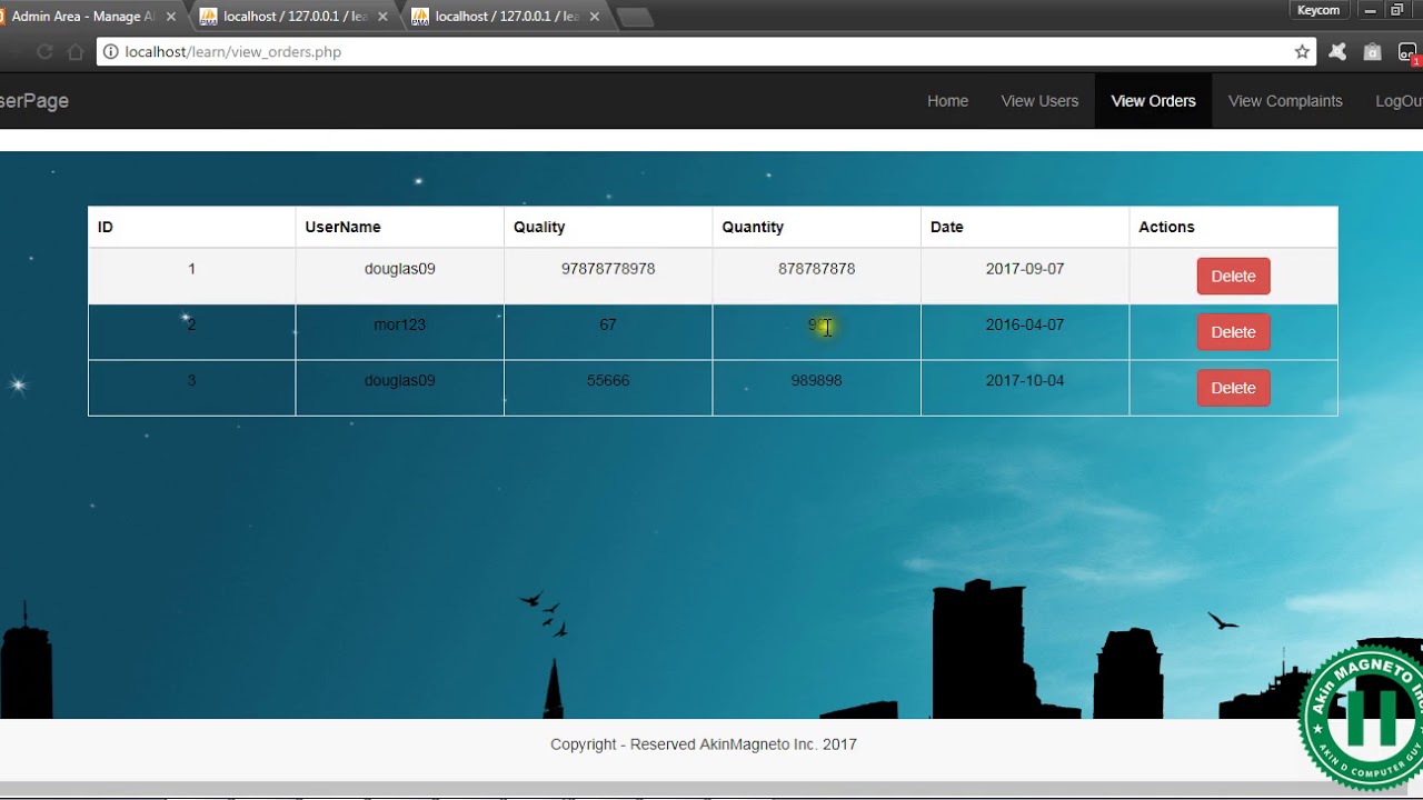 4 – Creating the Manage Orders PHP Script, creating successful connection to database, displaying re