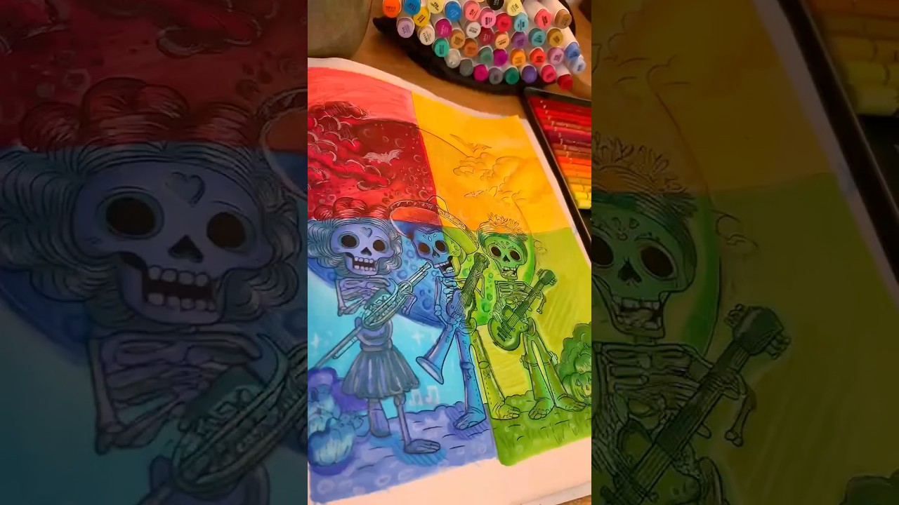 Half Page Coloring - Halloween Skeletons Completed 💀#halloween  #skeleton  #coloring  #music  #rock
