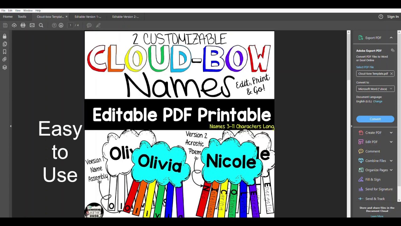 Cloud-Bow Rainbow Name-Building Practice Literacy Center; Easy Editable PDF