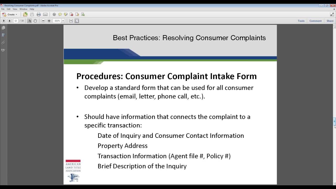 Best Practices -- Resolving Consumer Complaints